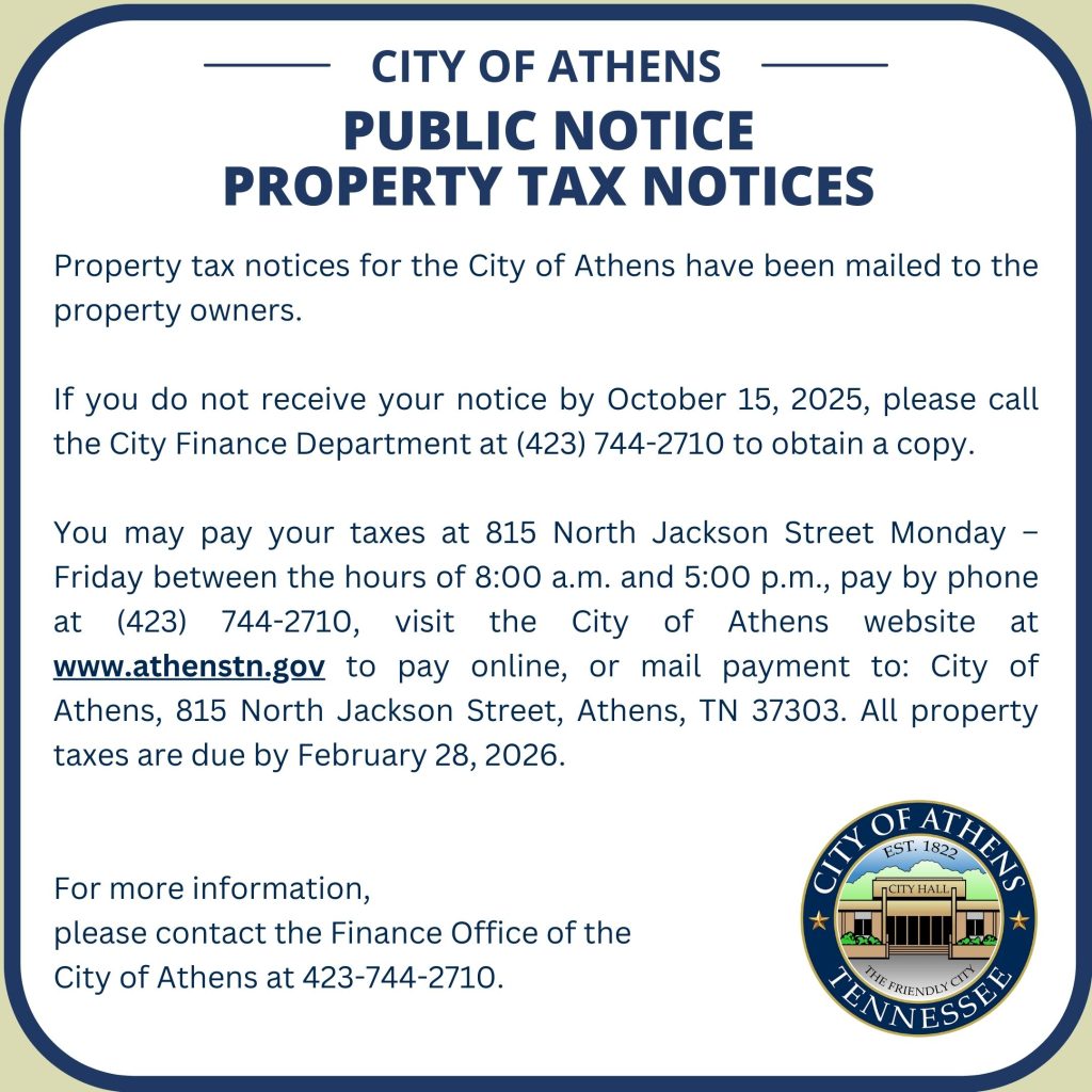 Property Tax Notices were mailed on September 10, 2025 - City of Athens